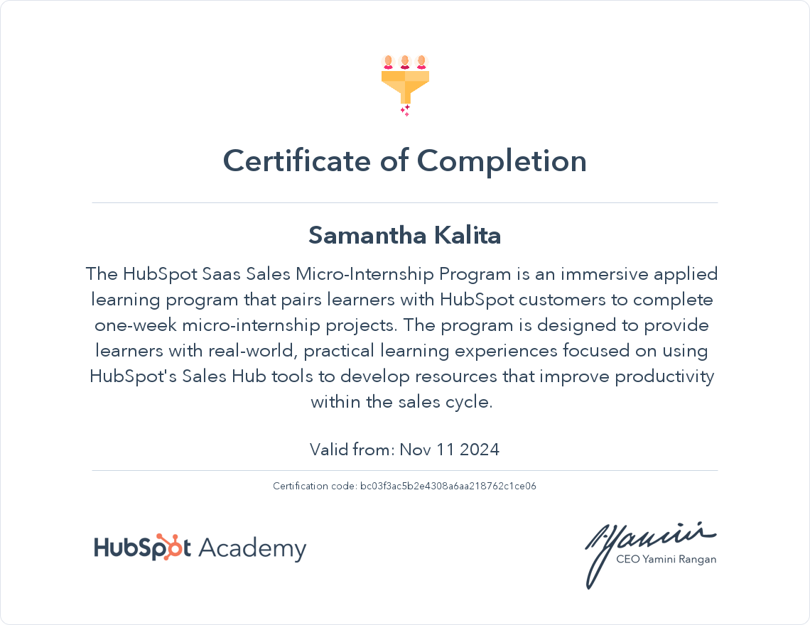 HubSpot Academy HubSpot Saas Sales Micro-Internship Program Certification