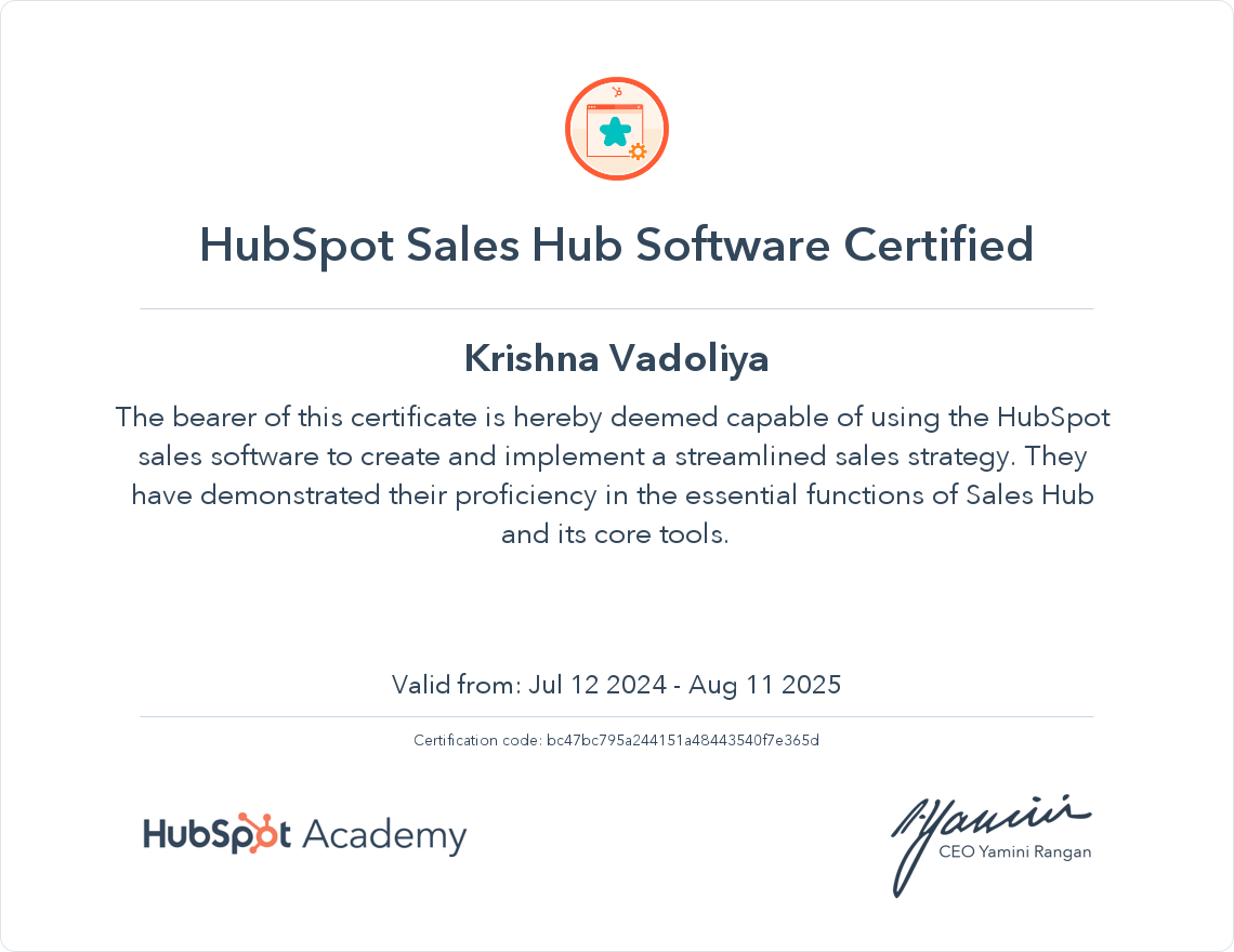 HubSpot Academy HubSpot Sales Hub Software Certification