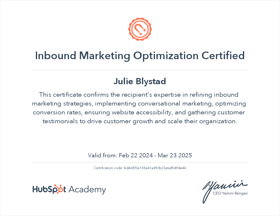 HubSpot Academy Inbound Marketing Optimization Certification