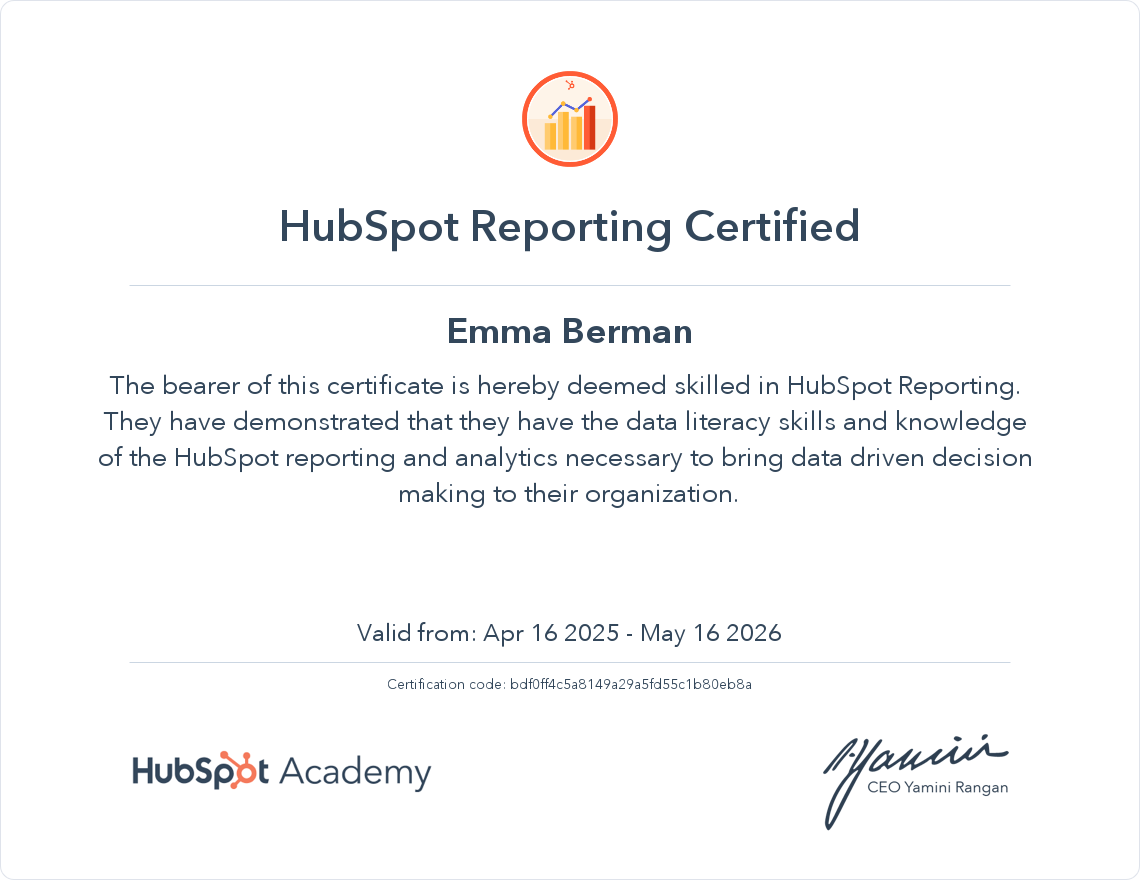 HubSpot Academy HubSpot Reporting Certification
