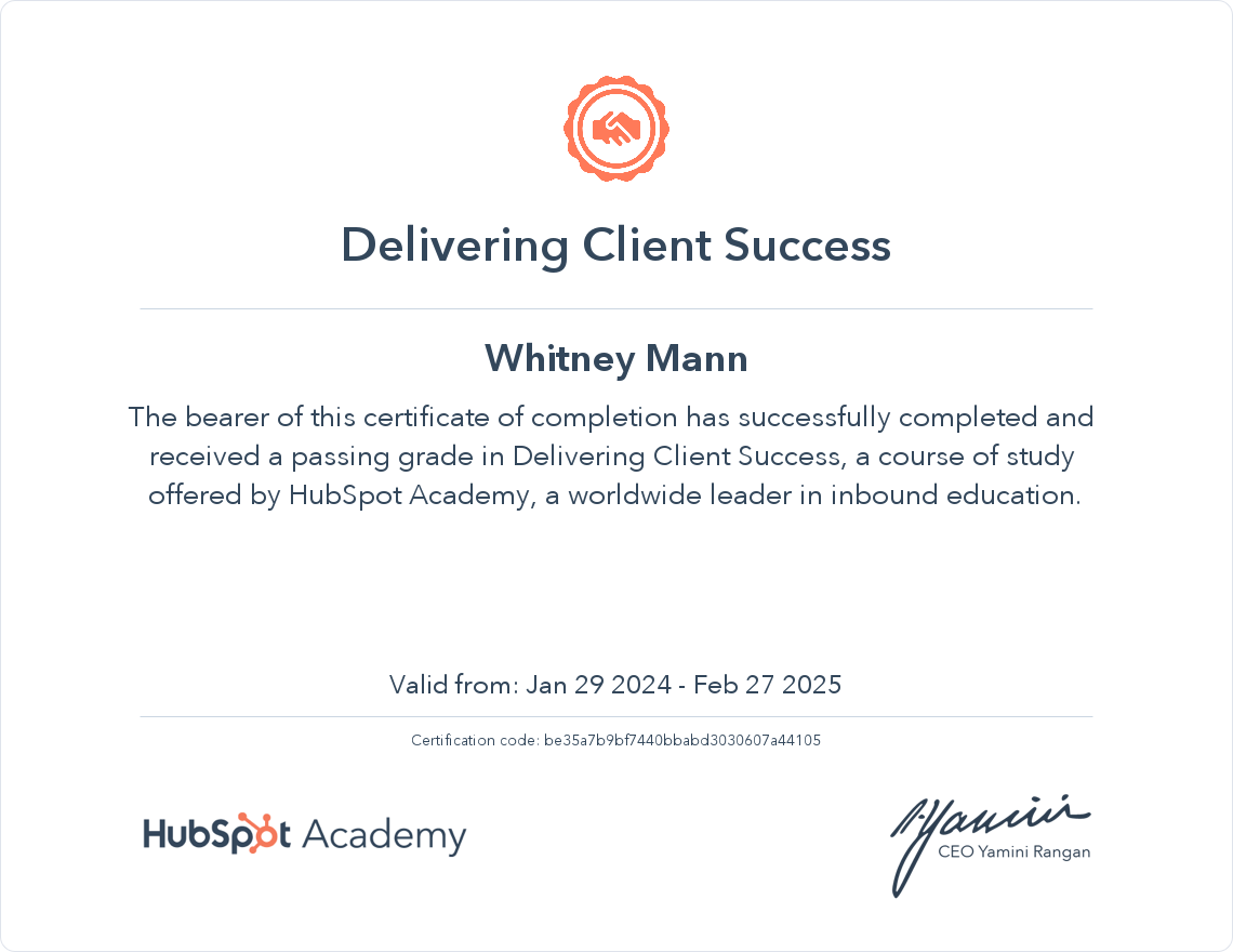 HubSpot Academy Delivering Client Success Certification
