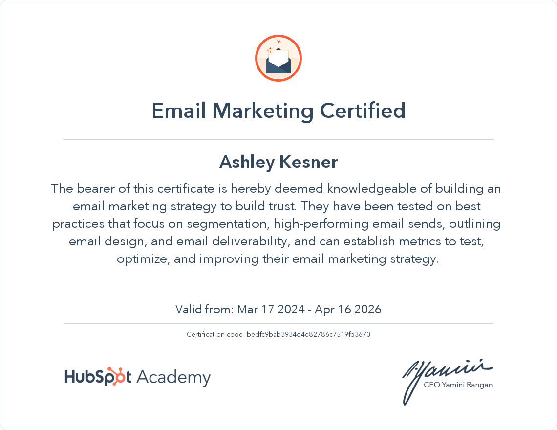 HubSpot Academy Email Marketing Certification