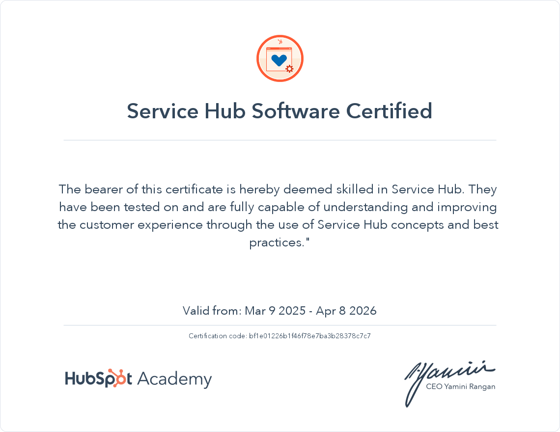 HubSpot Academy Service Hub Software Certification