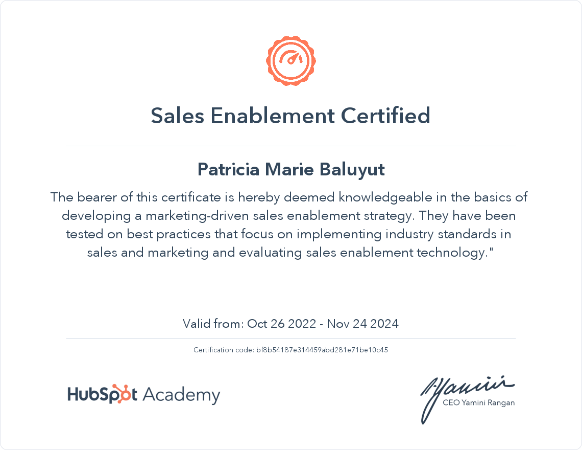 HubSpot Academy Sales Enablement Certification