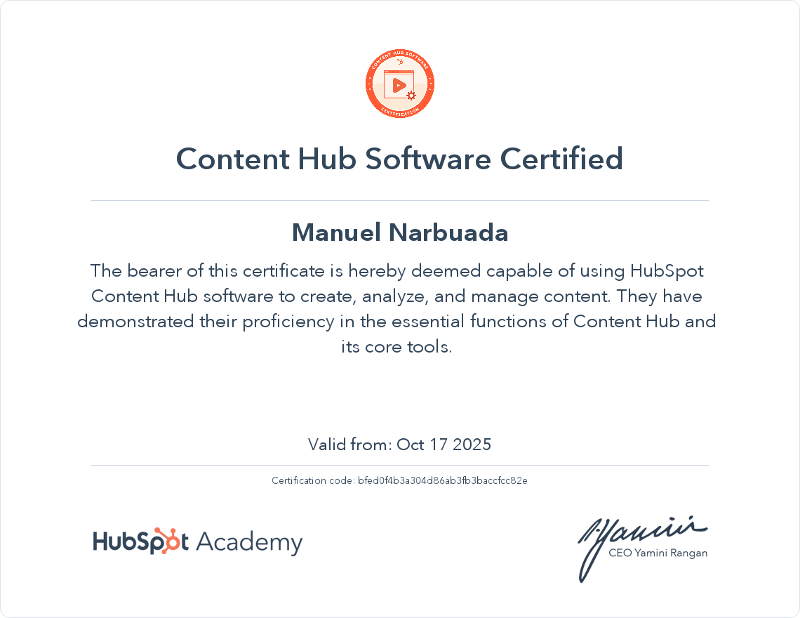 HubSpot Academy Content Hub Software Certification Certification