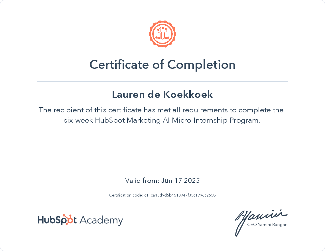 HubSpot Academy HubSpot Marketing AI Micro-Internship Program Certification