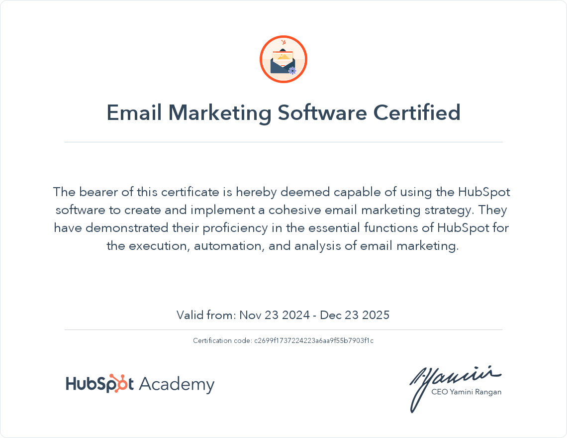 HubSpot Academy Email Marketing Software Certification