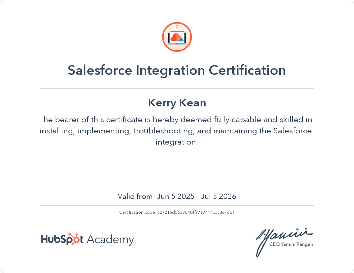 HubSpot Academy Salesforce Integration Certification Certification