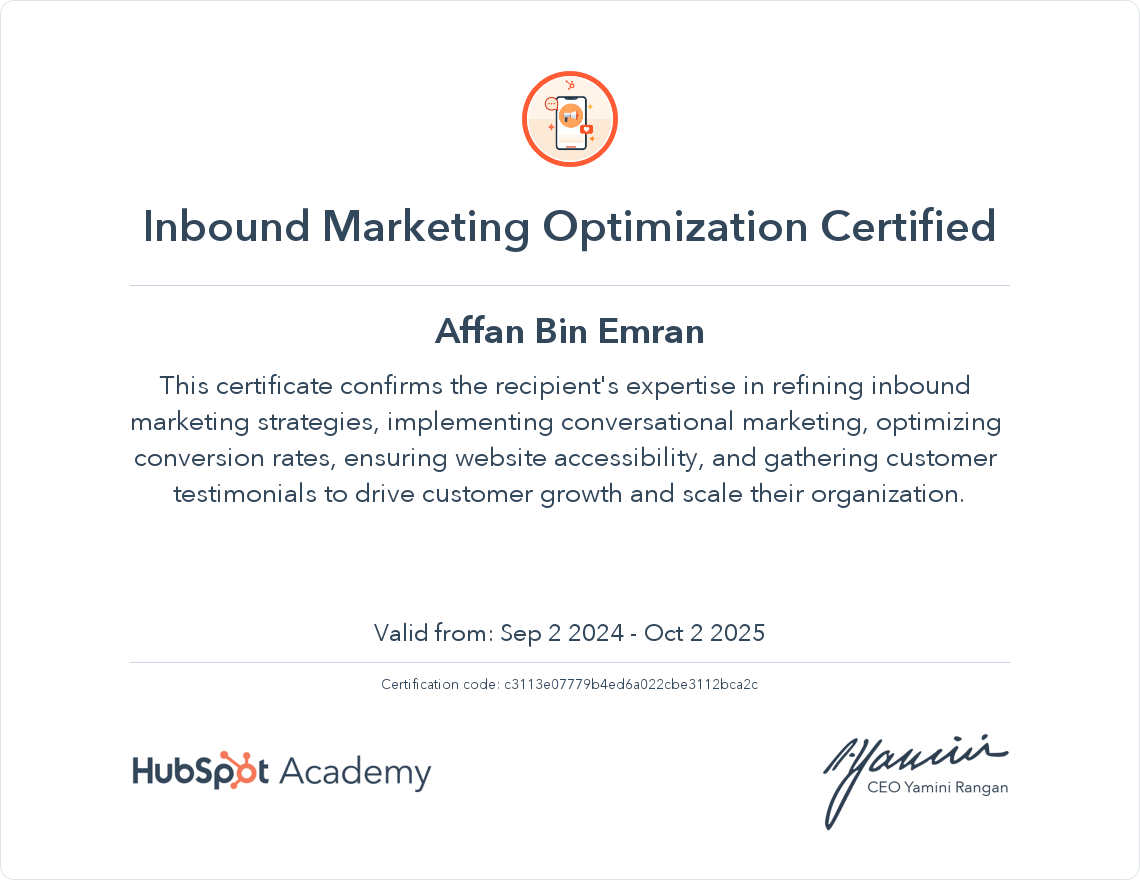 HubSpot Academy Inbound Marketing Optimization Certification
