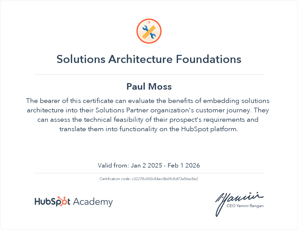HubSpot Academy Solutions Architecture Foundations Certification