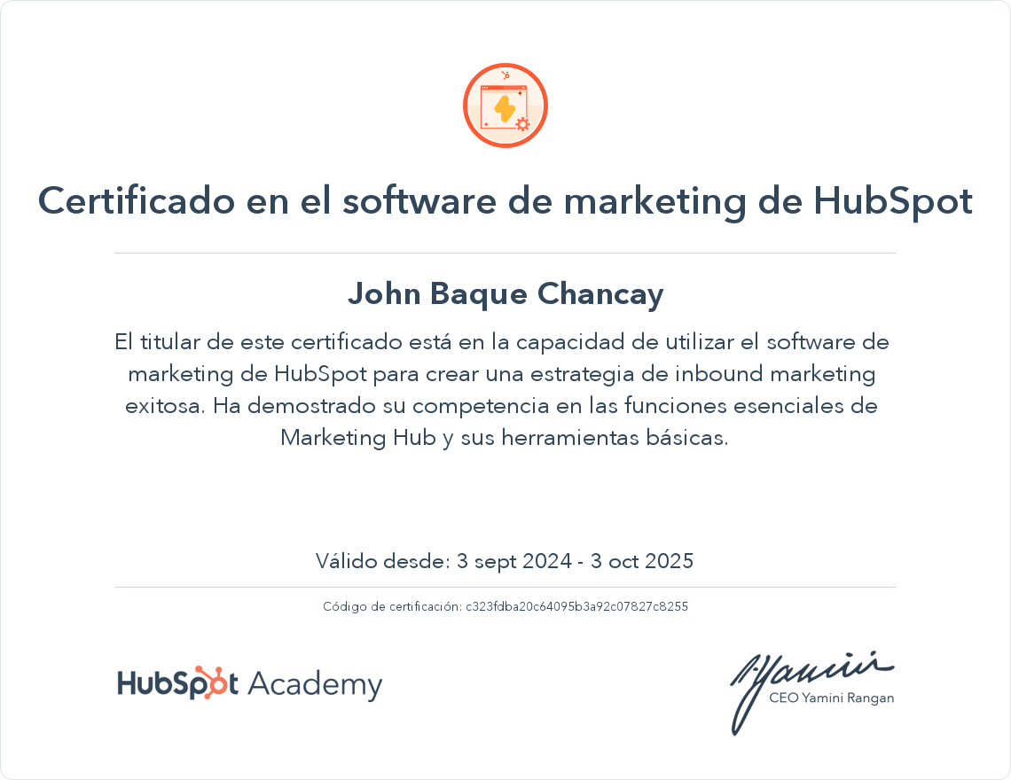 Certificación de Software de marketing de HubSpot de HubSpot Academy
