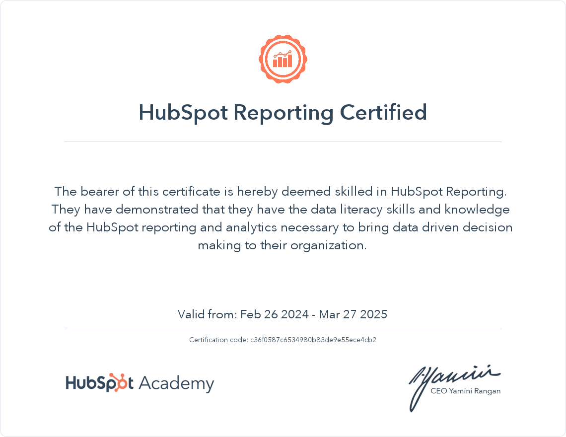 HubSpot Academy HubSpot Reporting Certification