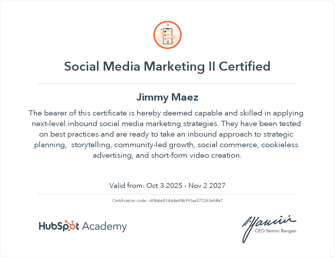 HubSpot Academy Social Media Marketing Certification II Certification