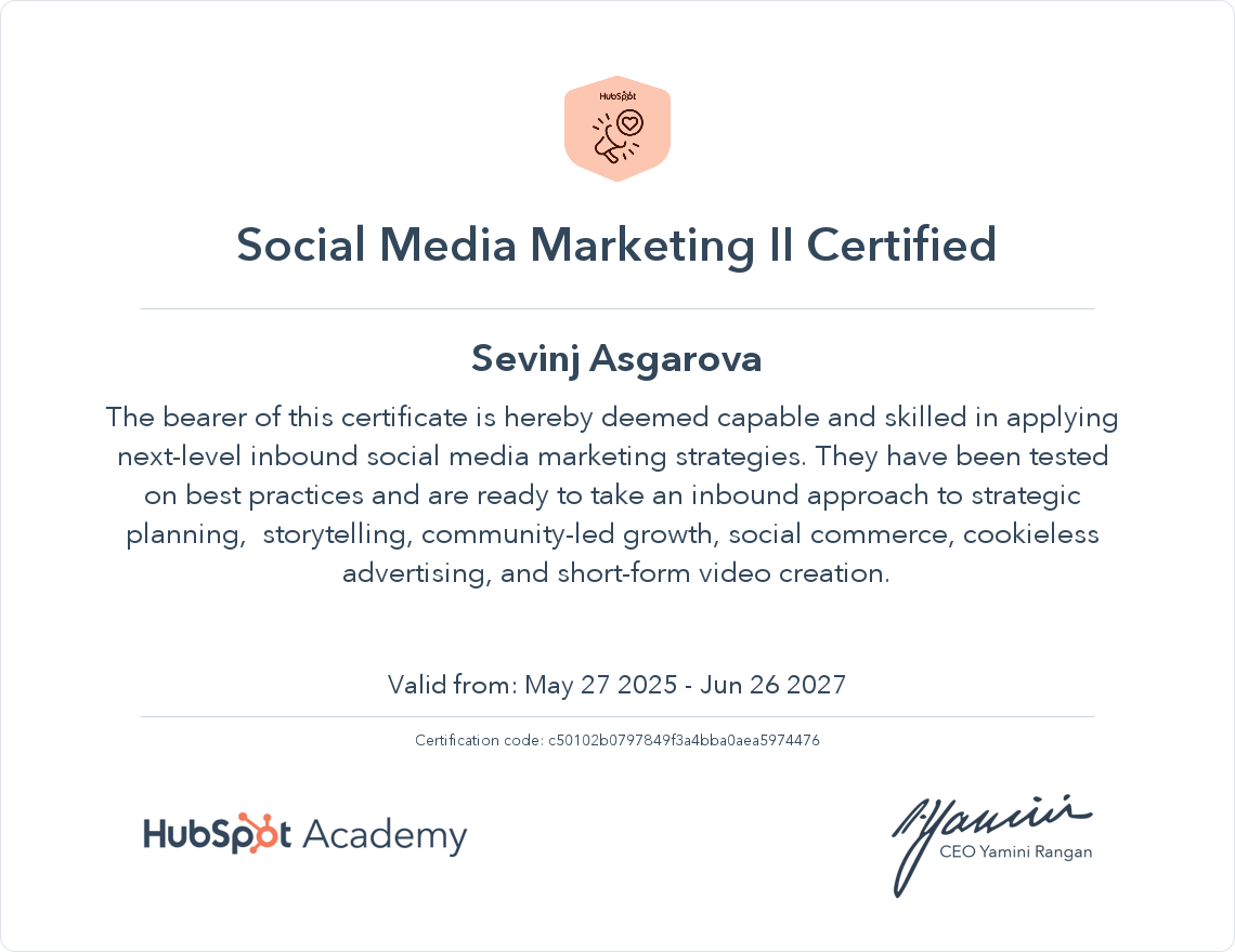 HubSpot Academy Social Media Marketing Certification II Certification