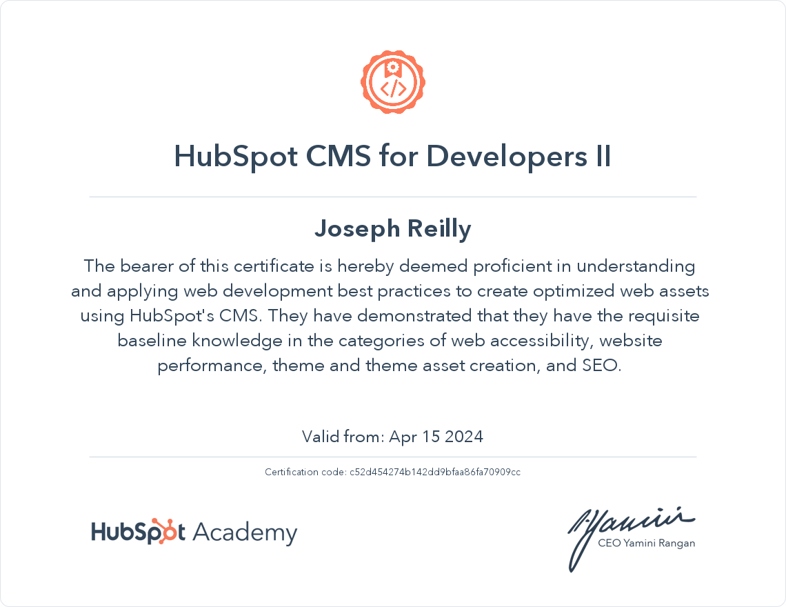 HubSpot Academy HubSpot CMS for Developers II: Best Practices Certification HubSpot Academy HubSpot CMS for Developers II: Best Practices Certification