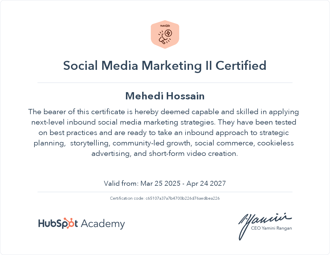 HubSpot Academy Social Media Marketing Certification II Certification