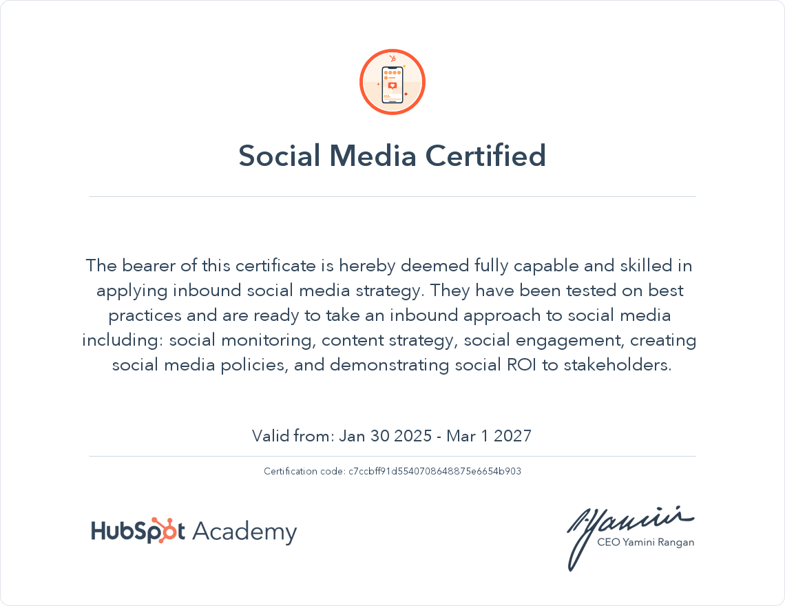HubSpot Academy Social Media Marketing Certification