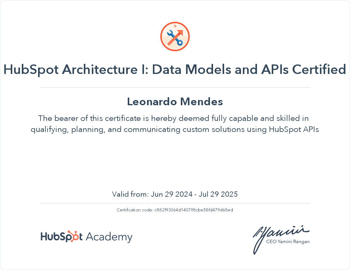 HubSpot Academy HubSpot Architecture I: Data Models and APIs Certification