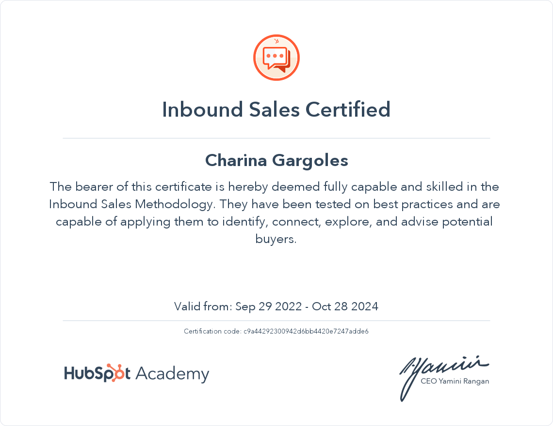 HubSpot Academy Inbound Sales Certification