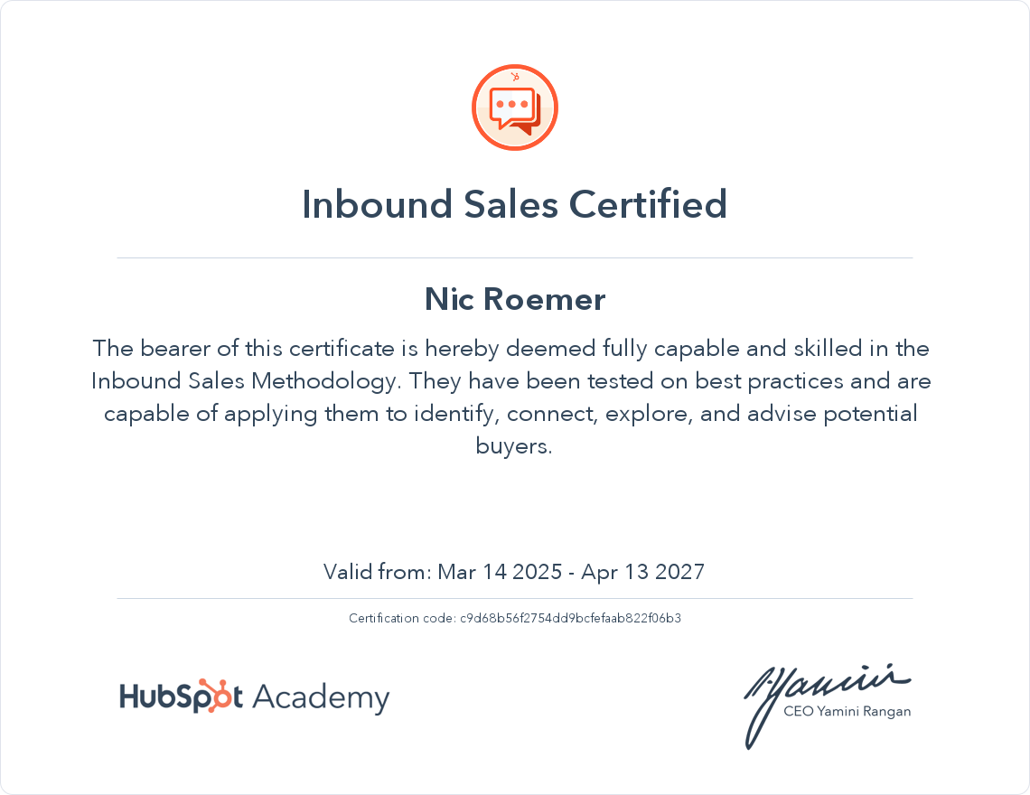 HubSpot Academy Inbound Sales Certification