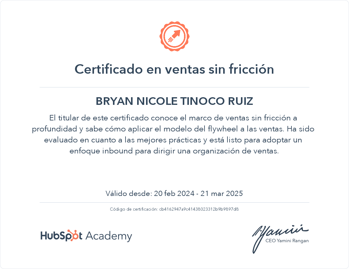 Certificación de Ventas sin fricción de HubSpot Academy