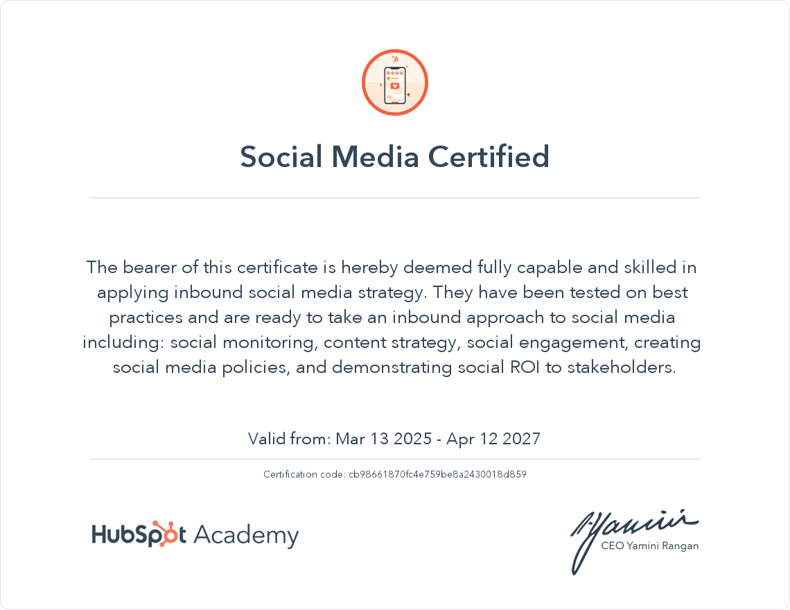 HubSpot Academy Social Media Marketing Certification