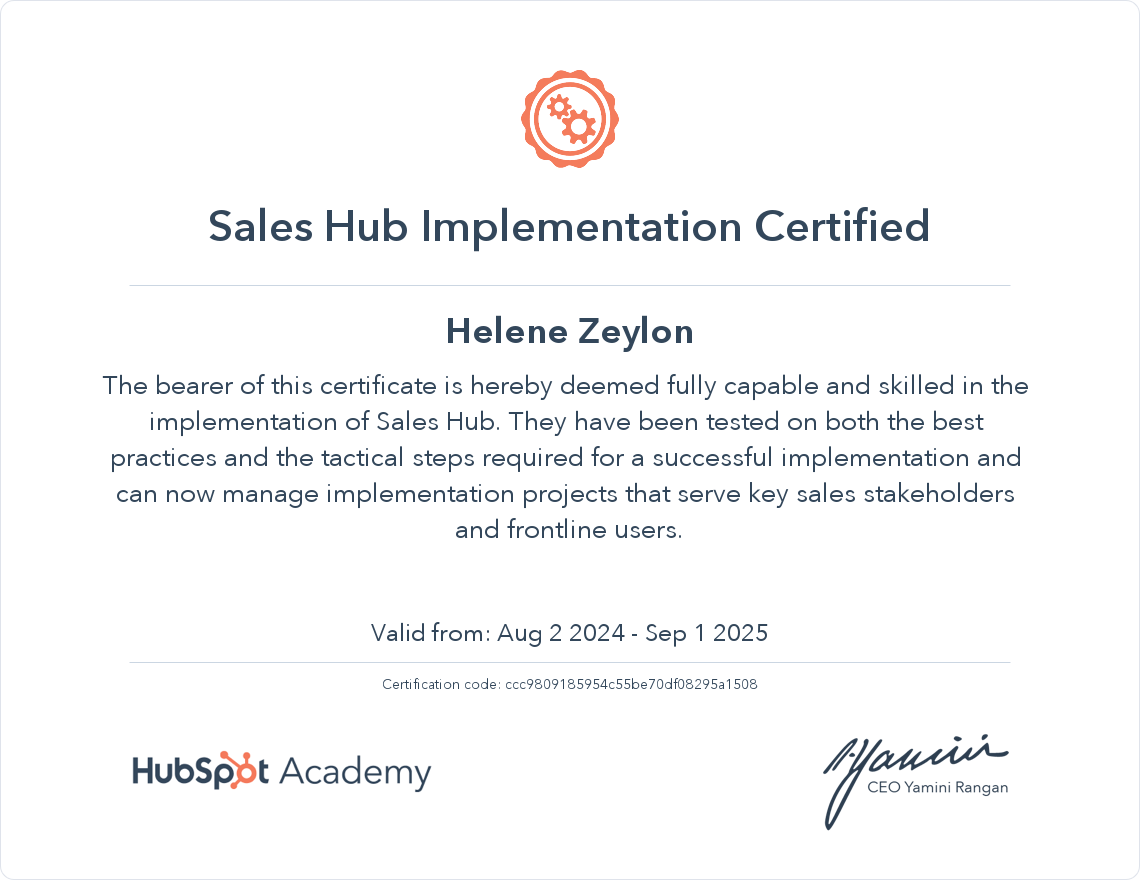 HubSpot Academy Sales Hub Implementation Certification