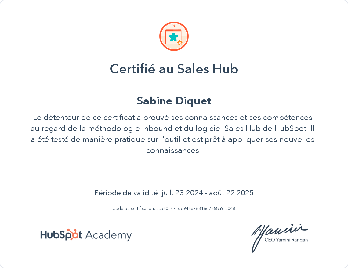 Certification Sales Hub de HubSpot de HubSpot Academy