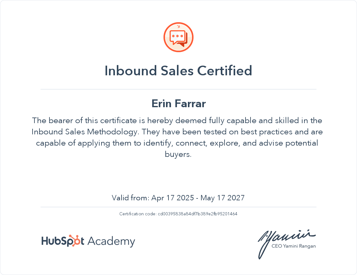 HubSpot Academy Inbound Sales Certification