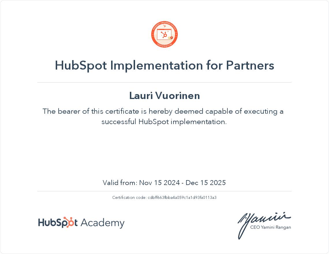 HubSpot Academy HubSpot Implementation for Partners Certification