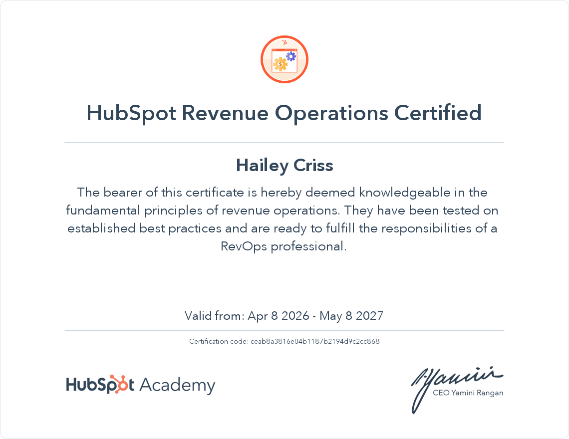 HubSpot Academy Revenue Operations Certification