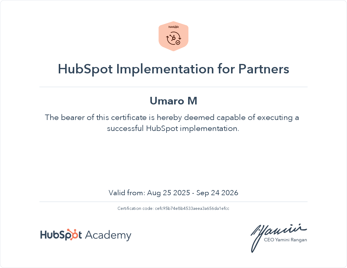 HubSpot Academy HubSpot Implementation for Partners Certification