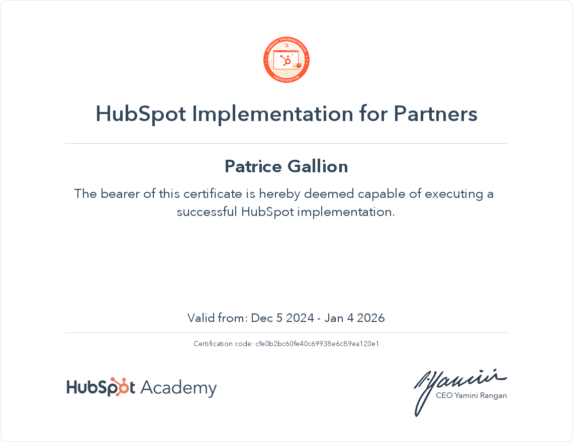 HubSpot Academy HubSpot Implementation for Partners Certification