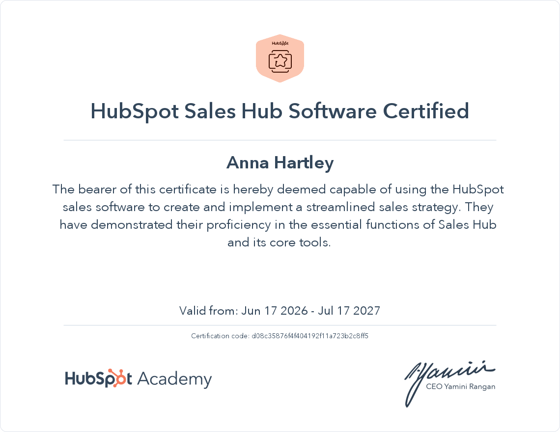 HubSpot Academy HubSpot Sales Hub Software Certification
