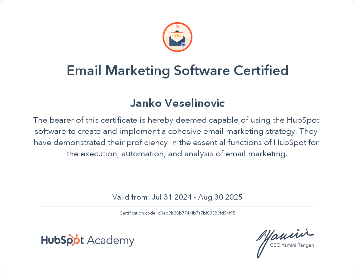 HubSpot Academy Email Marketing Software Certification