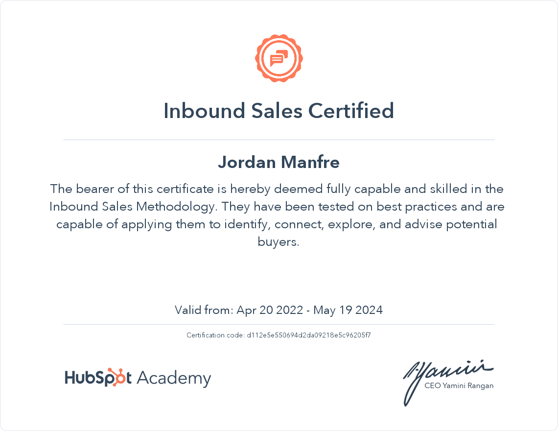 HubSpot Academy Inbound Sales Certification