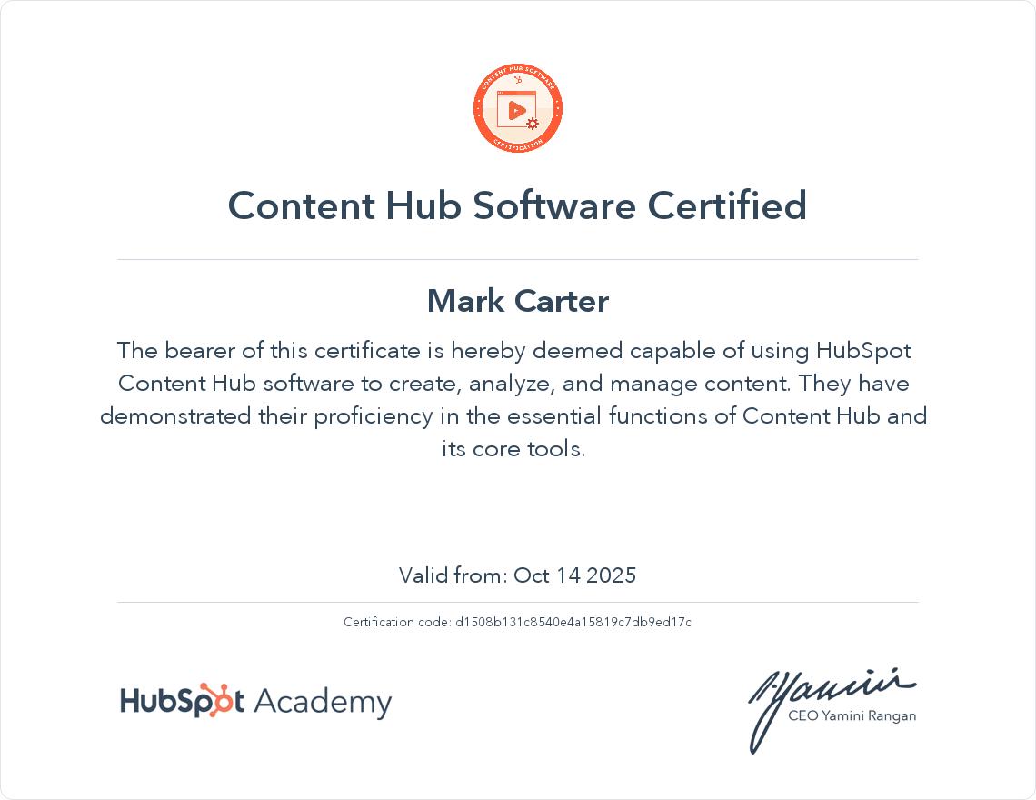 HubSpot Academy Content Hub Software Certification Certification