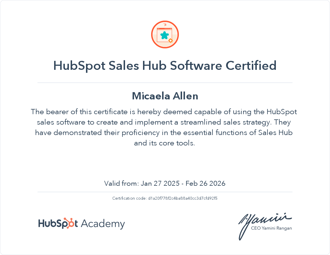 HubSpot Academy HubSpot Sales Hub Software Certification