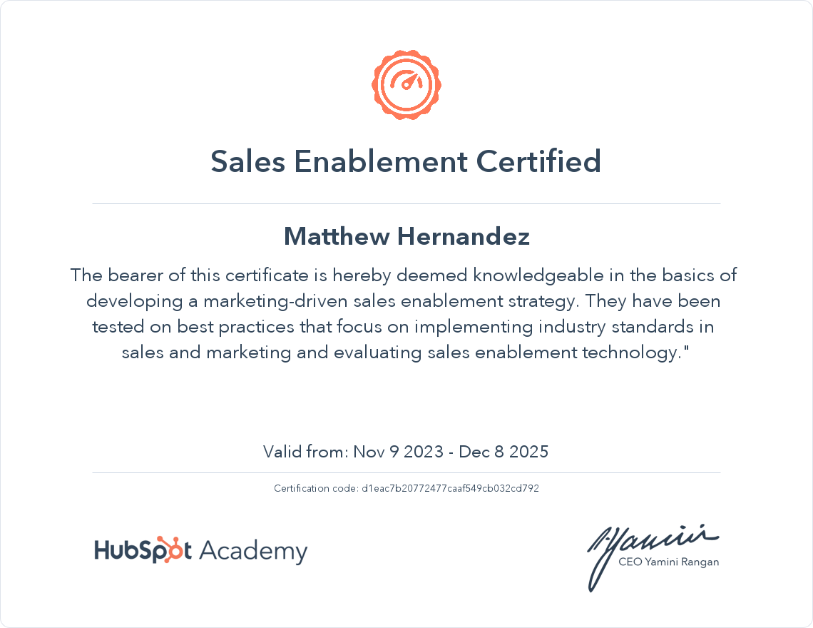 HubSpot Academy Sales Enablement Certification