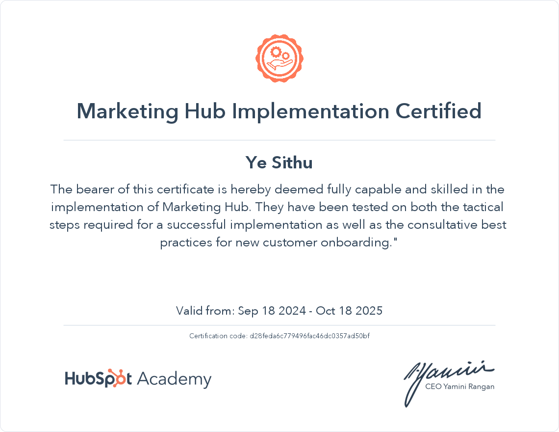 HubSpot Academy Implémentation du Marketing Hub Certification