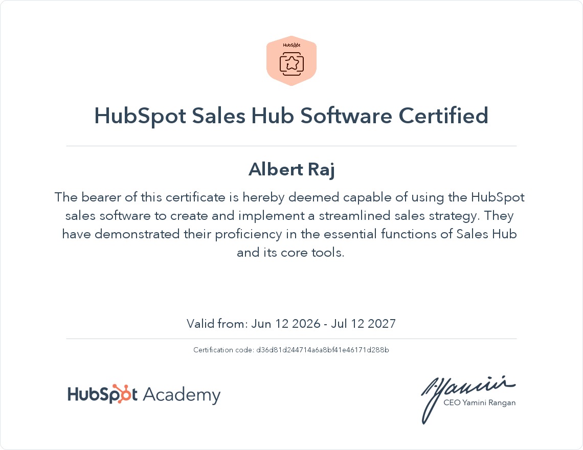 HubSpot Academy HubSpot Sales Hub Software Certification