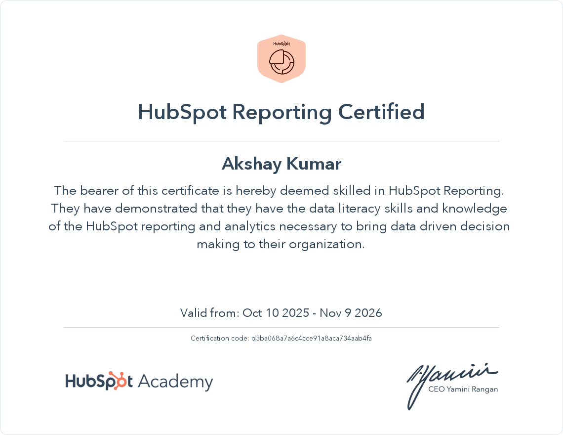HubSpot Academy HubSpot Reporting Certification