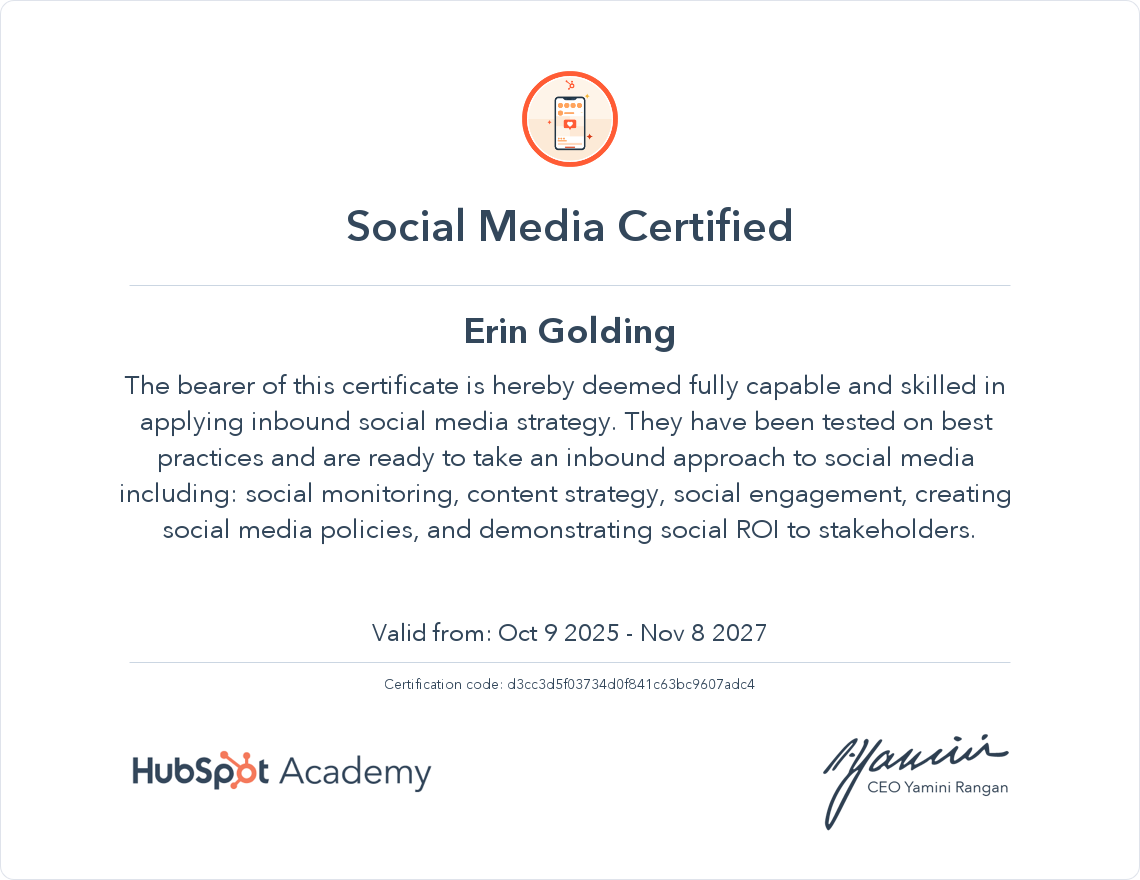 HubSpot Academy Social Media Marketing Certification