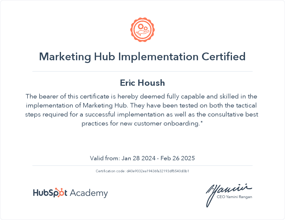 HubSpot Academy Marketing Hub Implementation Certification