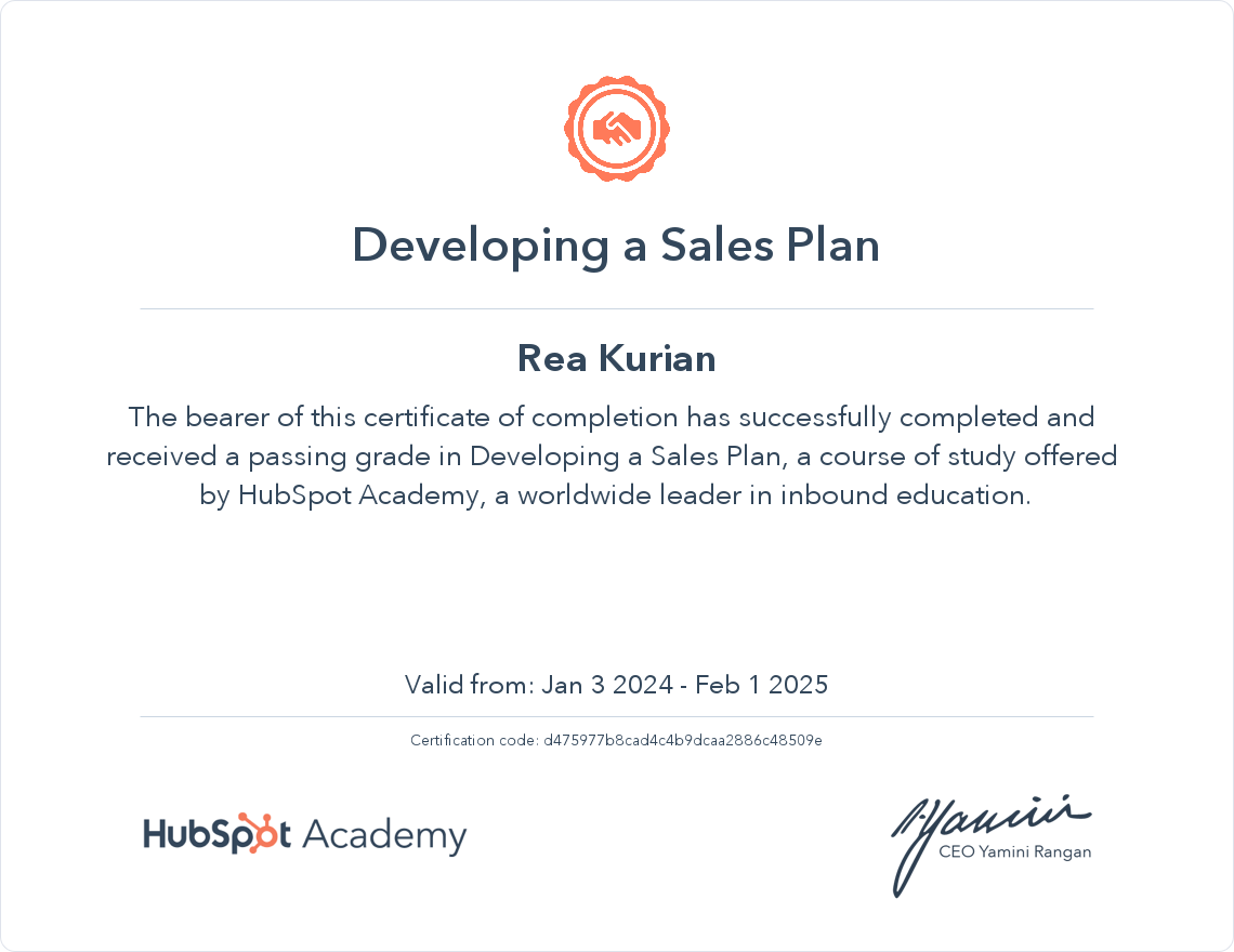 HubSpot Academy Developing a Sales Plan Certification HubSpot Academy Developing a Sales Plan Certification