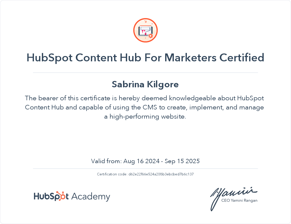 HubSpot Academy HubSpot Content Hub for Marketers Certification