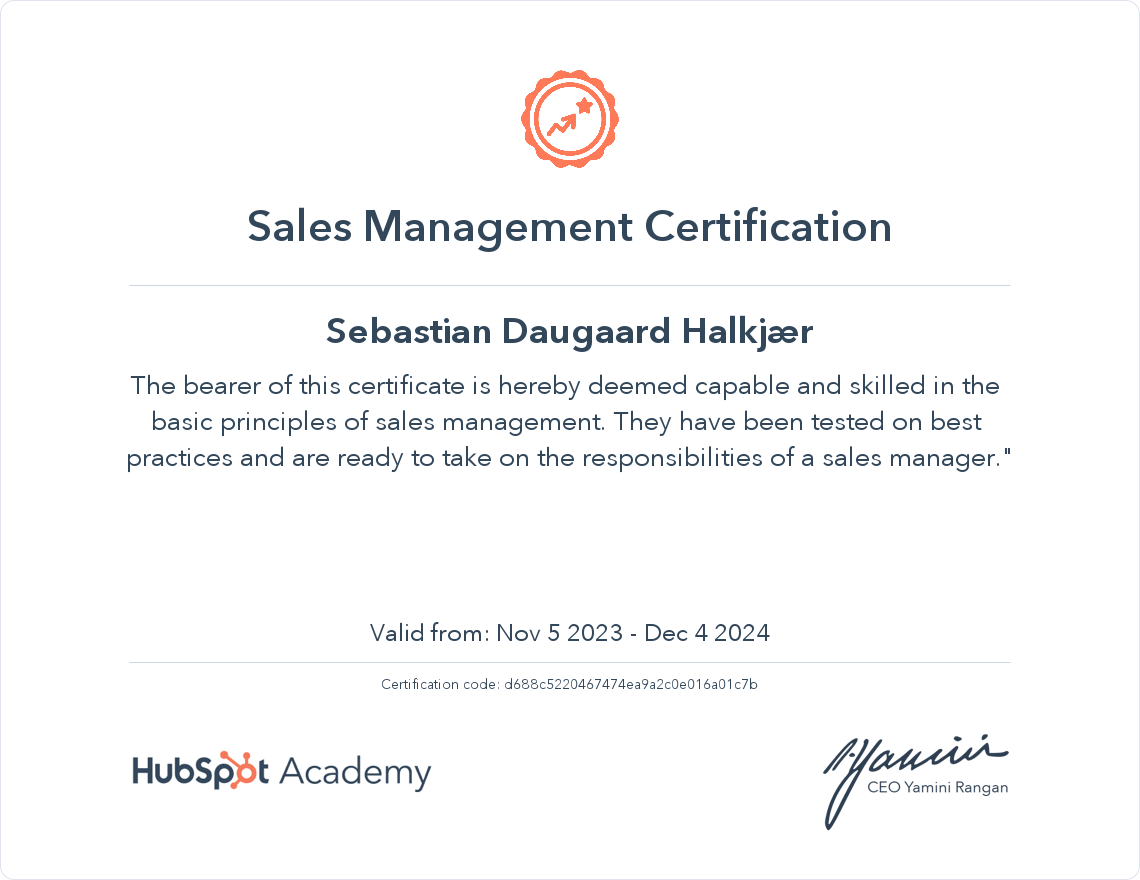HubSpot Academy Sales Management Certification