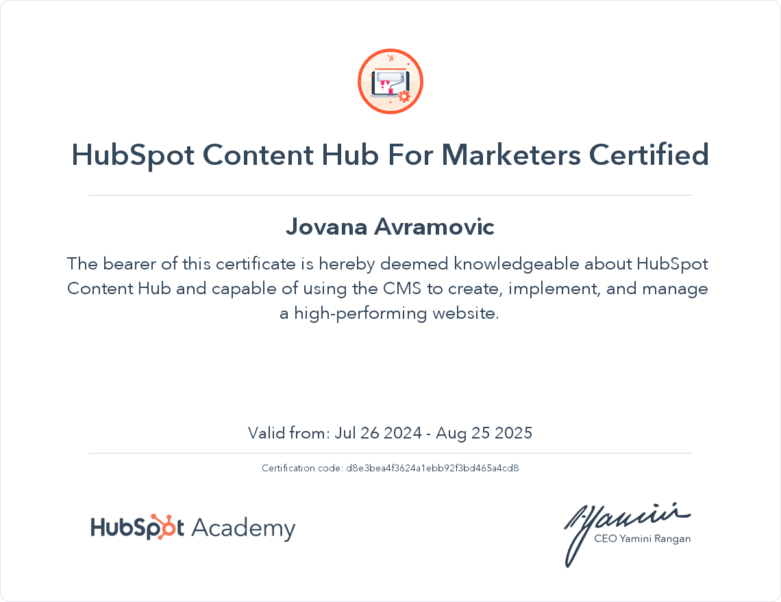 HubSpot Academy HubSpot Content Hub for Marketers Certification