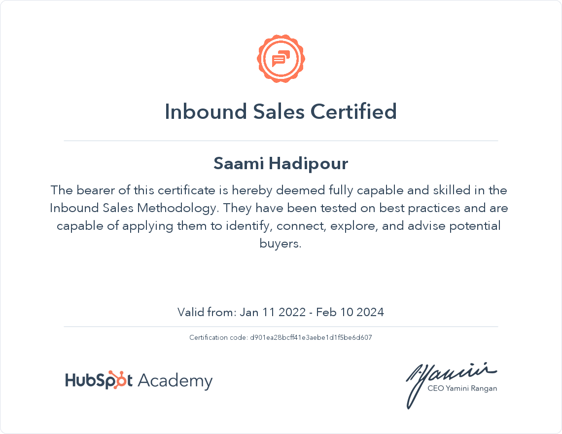 HubSpot Academy Inbound Sales Certification