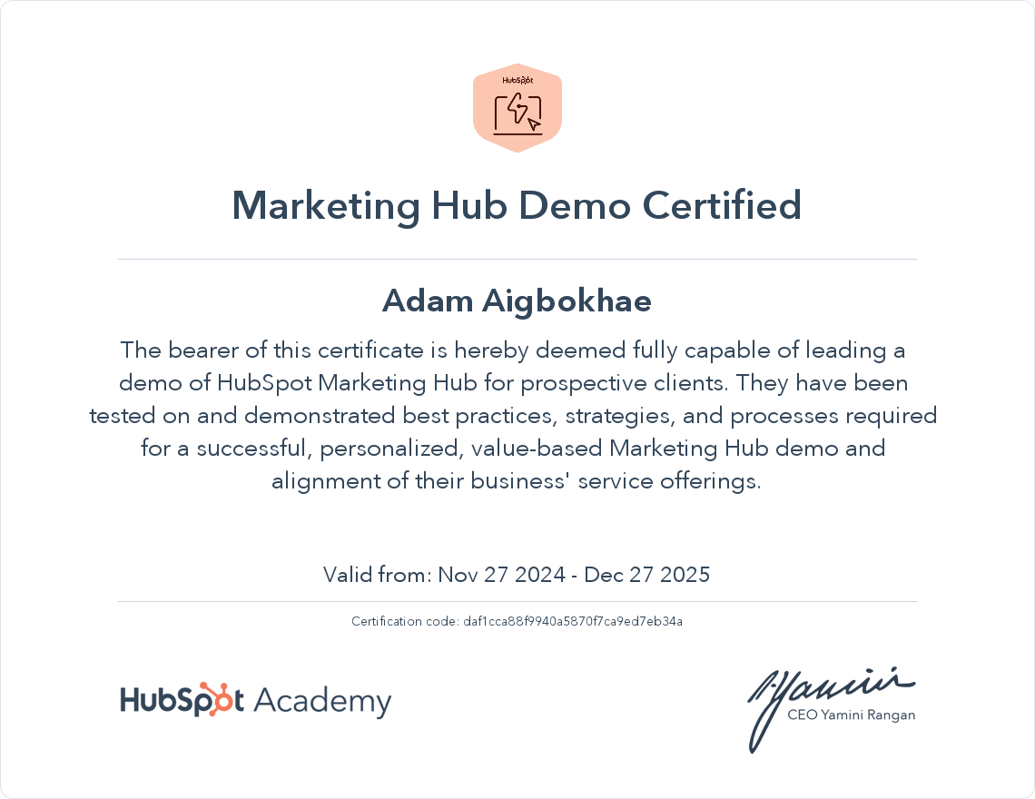 HubSpot Academy Marketing Hub Demo Certification